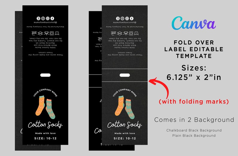 Printable Sock Wrap Labels, Black Cotton Socks Label Designs, Handmade ...