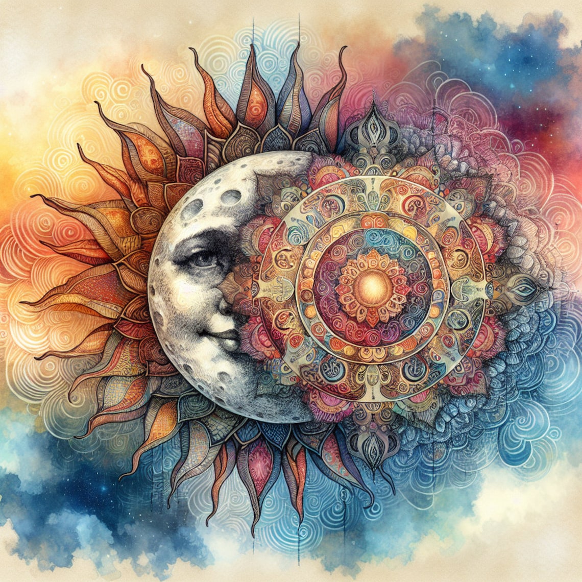 Boho Sun and Moon Digital Wall Art - Celestial Bohemian Print, Mystical ...