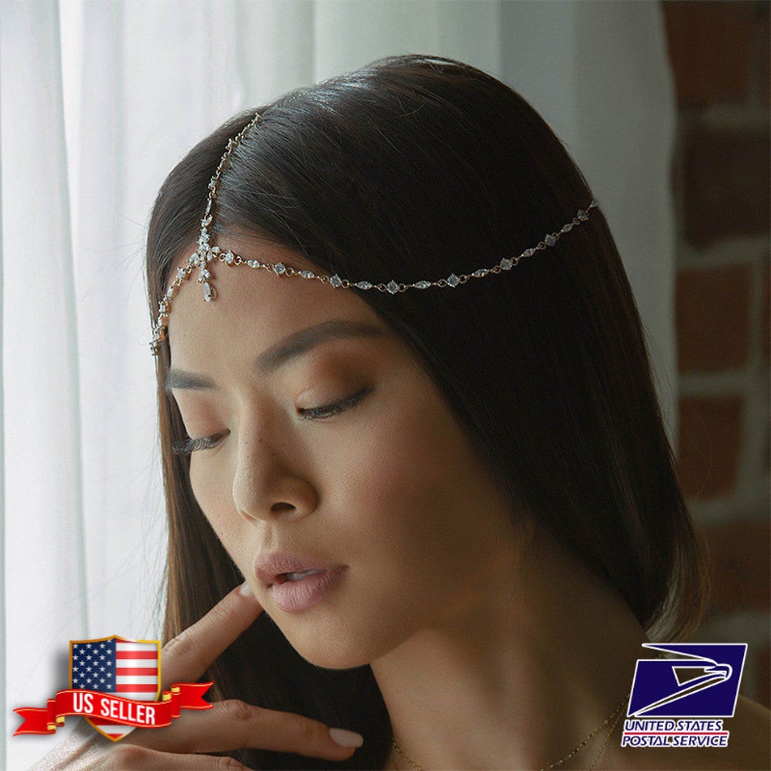 Cubic Zirconia Leaf Forehead Head Chain Boho Headpiece Wedding ...
