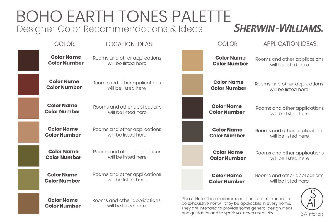 Boho Earth Tones Paint Palette Sherwin Williams E-design - Etsy