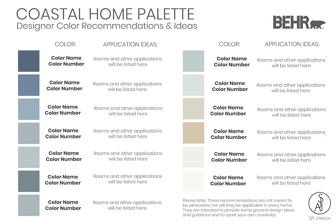 Coastal Home Color Palette Behr Interior Paint Palette - Etsy