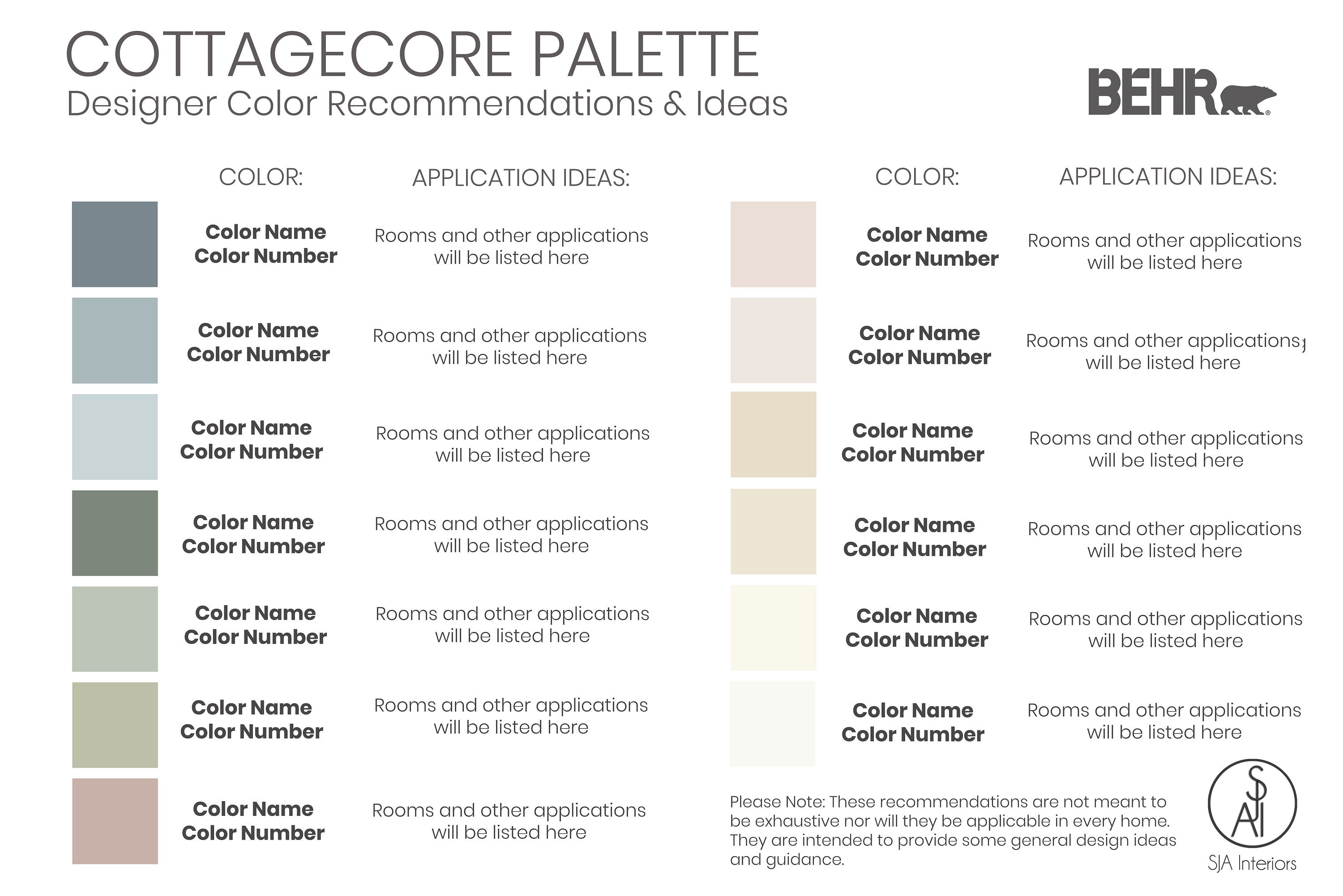 Cottagecore Color Palette Behr Interior Paint Palette - Etsy