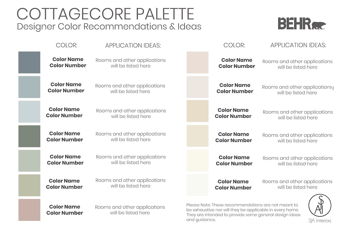 Cottagecore Color Palette Behr Interior Paint Palette - Etsy