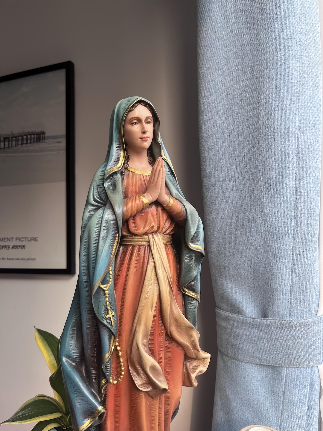 Hand-painted Virgin Mary Statue: Dark Blue Robe, Catholic Home Decor - Etsy