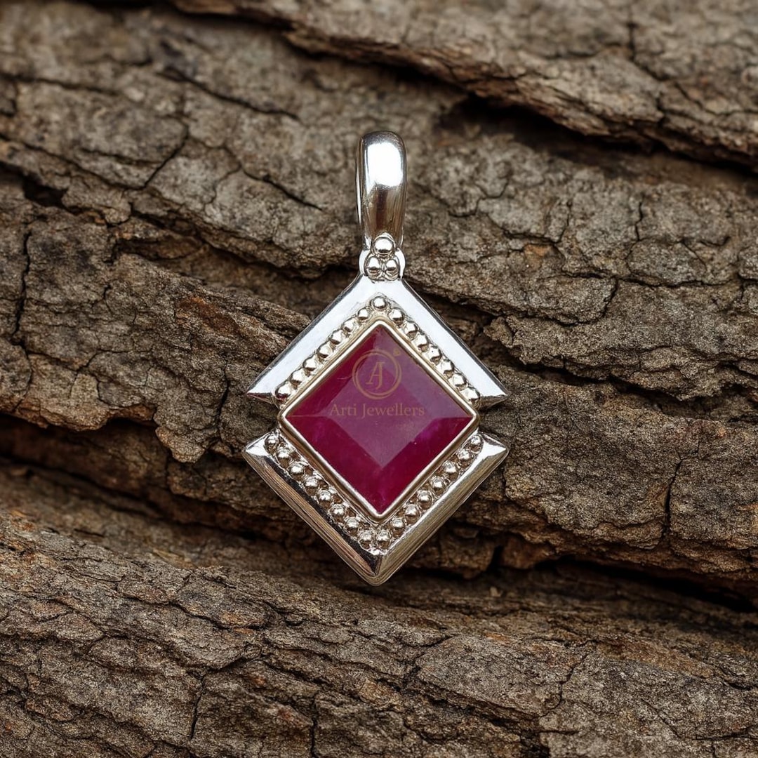 Natural Ruby Gemstone Pendant, Red Stone Necklace, 925 Sterling Silver ...