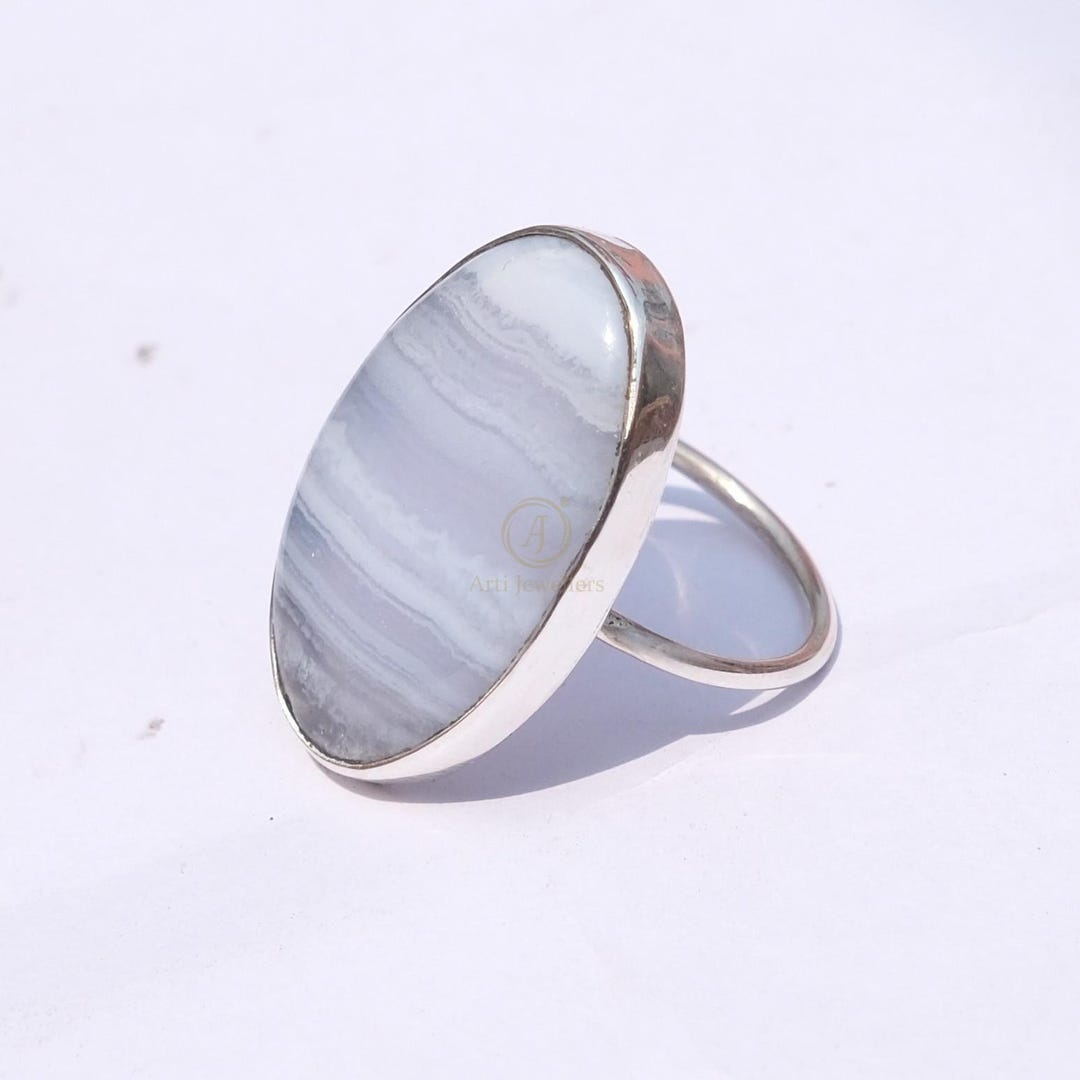 Large Blue Lace Agate Ring 925 Sterling Silver Ring Yellow & Rose Gold ...