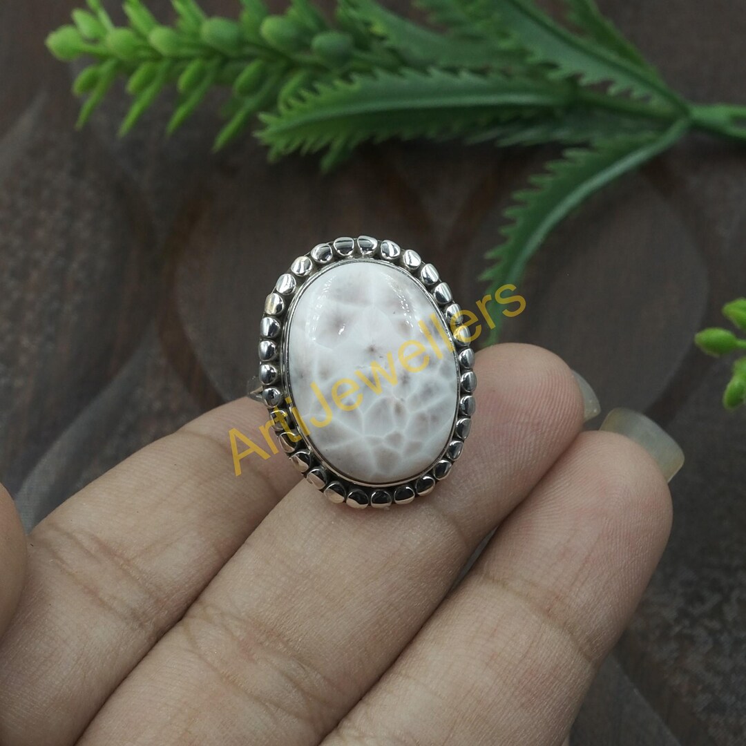 Natural Large Oval Pink Larimar Ring, Natrolite Ring, Pink Stone Ring ...