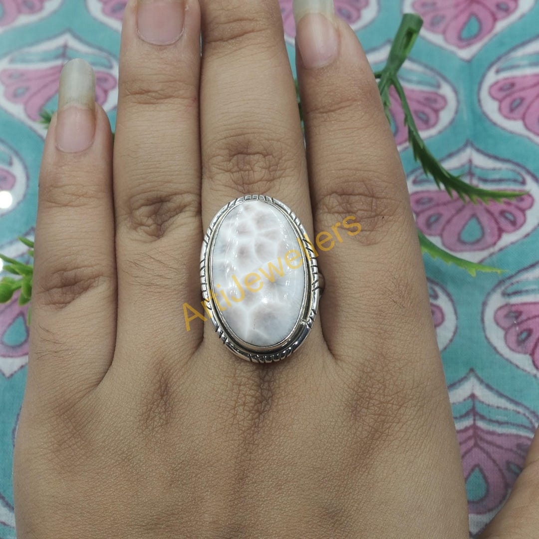 Natural Large Oval Pink Larimar Ring, Natrolite Ring, Pink Stone Ring ...