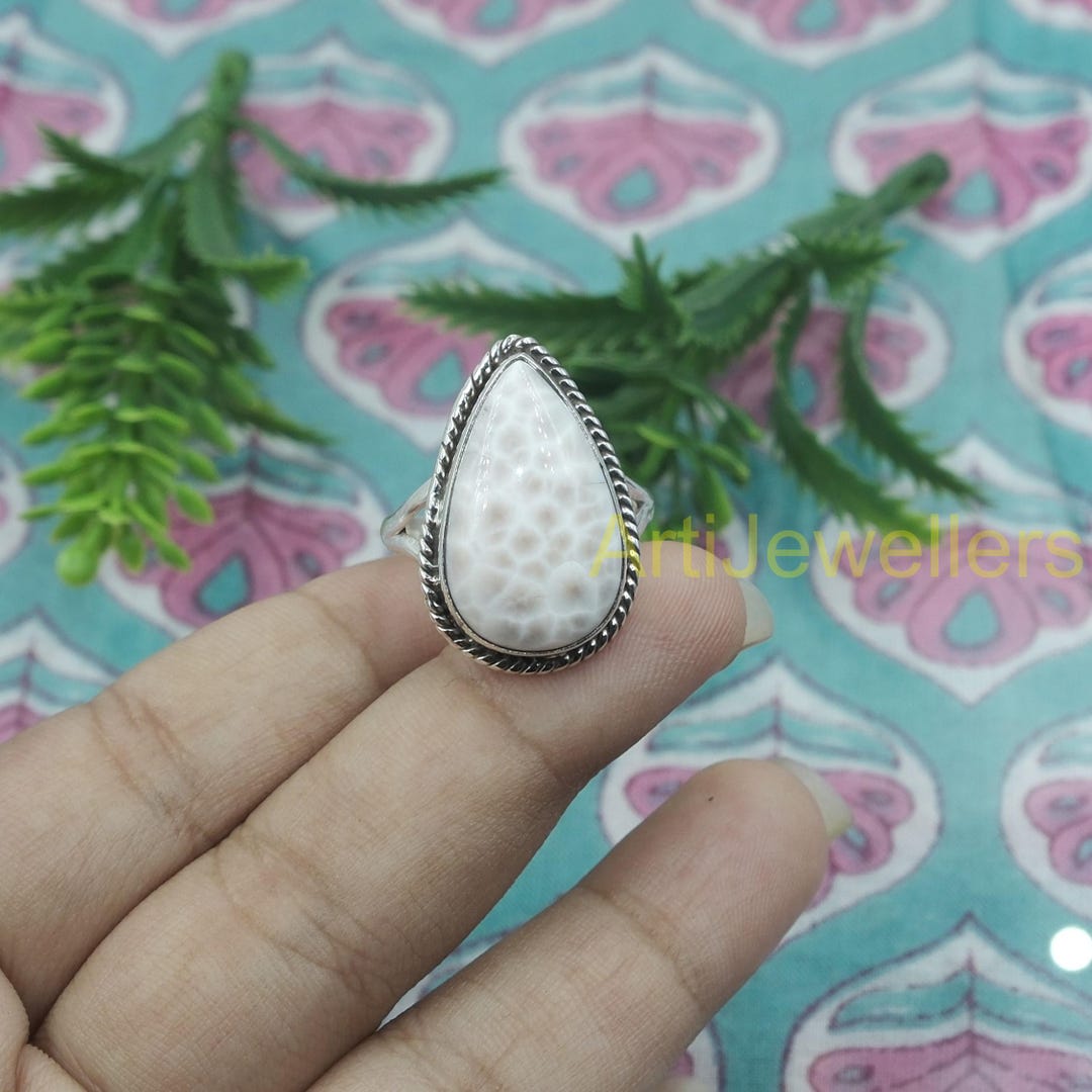Natural Large Pear Pink Larimar Ring, Natrolite Ring, Pink Stone Ring ...