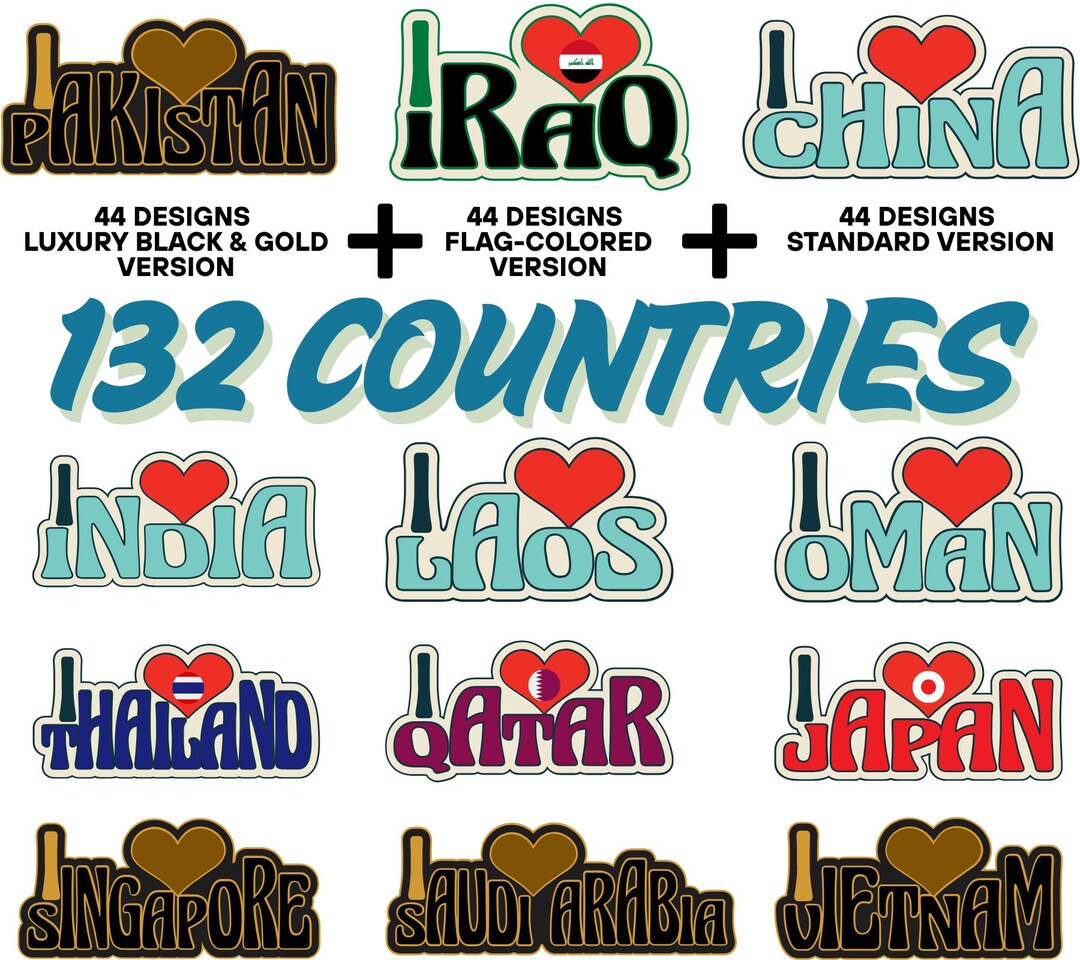 Asia Sticker Bundle: 132 PNG Files - Flag, Black & Gold (digital ...