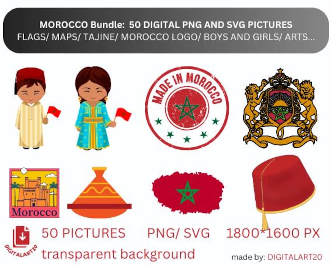Morocco Bundle Graphics : 50 Digital PNG & SVG Files | Flags, Maps ...