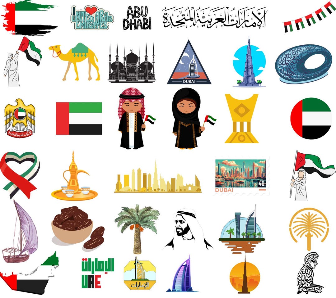 UAE Bundle: 70 Digital PNG Files | UAE Flag, Burj Khalifa, Dubai ...