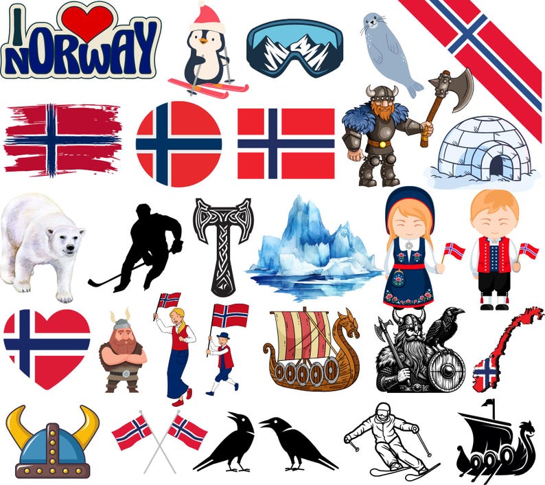 Norway Bundle: 70 Digital PNG Files | Norwegian Flag, Fjords, Vikings ...