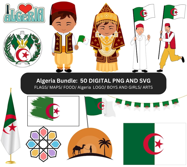 Algeria Bundle: 50 High-quality PNG Designs | Flags, Maps, Traditional ...