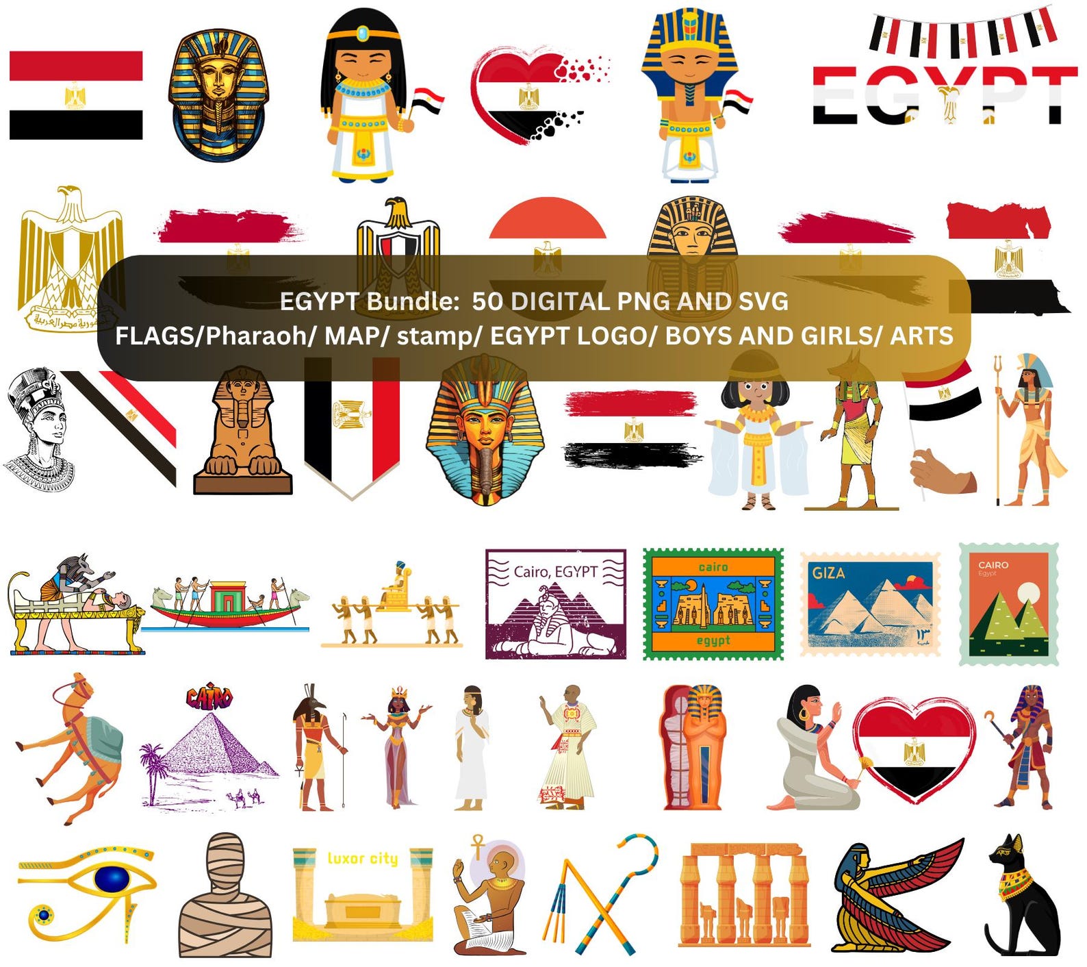 Egypt Bundle: 50 Digital PNG & SVG Files | Pyramids, Flags, Maps ...