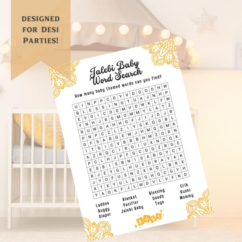 Indian Pakistani Baby Shower Word Search | Bollywood-themed Printable ...