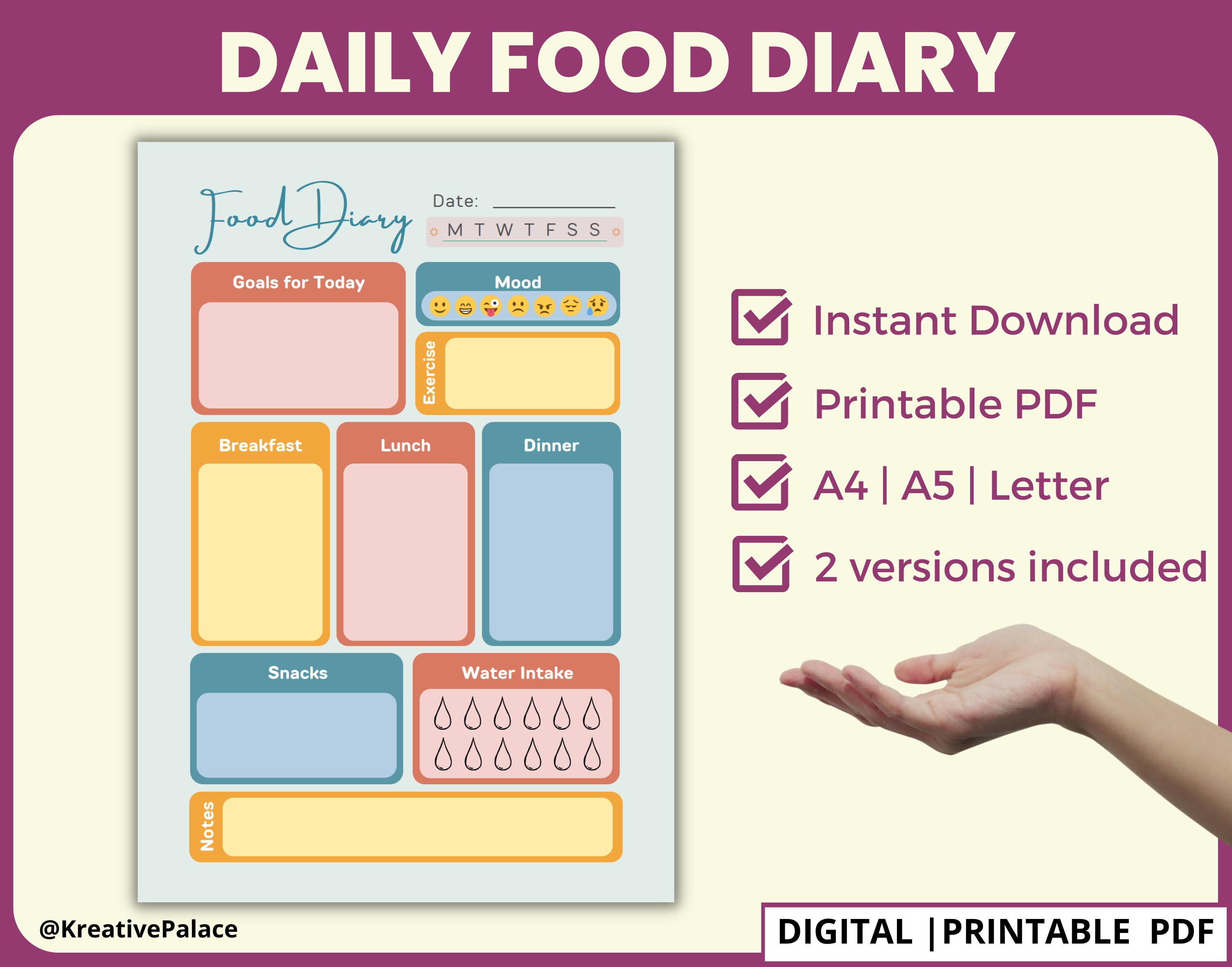 Printable Daily Food Diary: Minimalist Diet Tracker, Food Log, Calorie ...