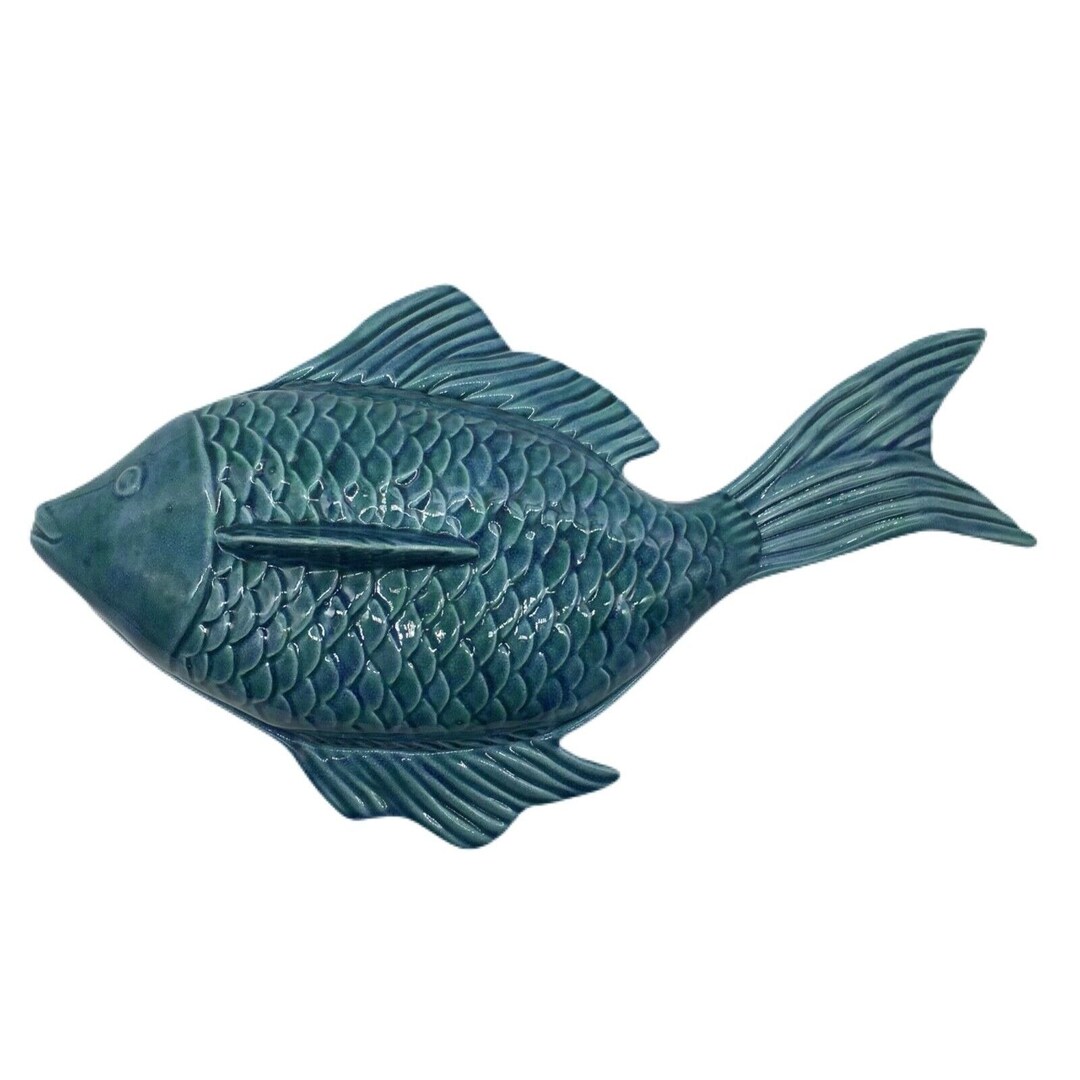 MCM Tiki Luau Fish Serving Dish Blue Turquoise Aqua Ceramic Lid Vintage ...