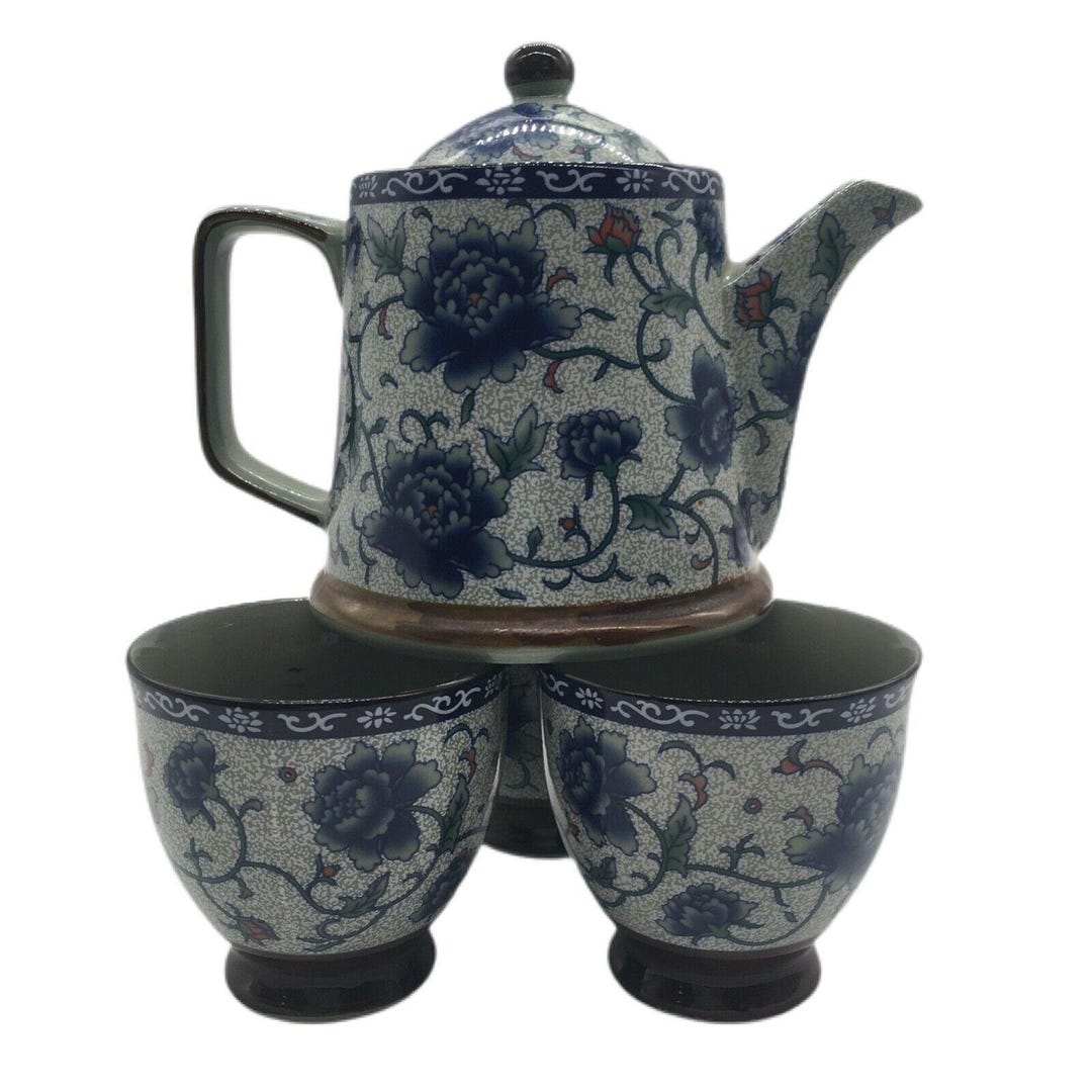 Japanese Tea Pot 3 Yunomi Cups Blue Rose Vintage 90s Ceramic Marked ...