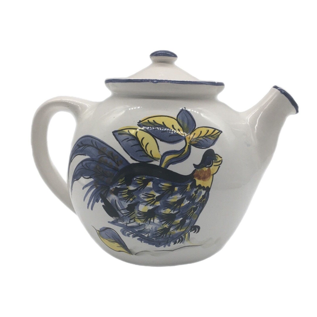 Blue Pheasant Bird Tea Pot Portugal Made Hand Painted Signed Ball Round ...