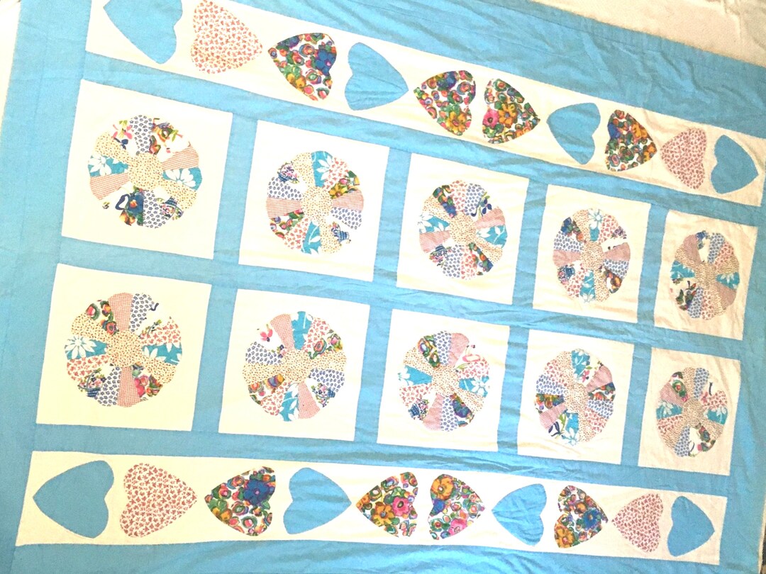 Dresden Plate & Hearts Design, 59" X 80"quilt, Hand Sewn Quilt, Quilted ...