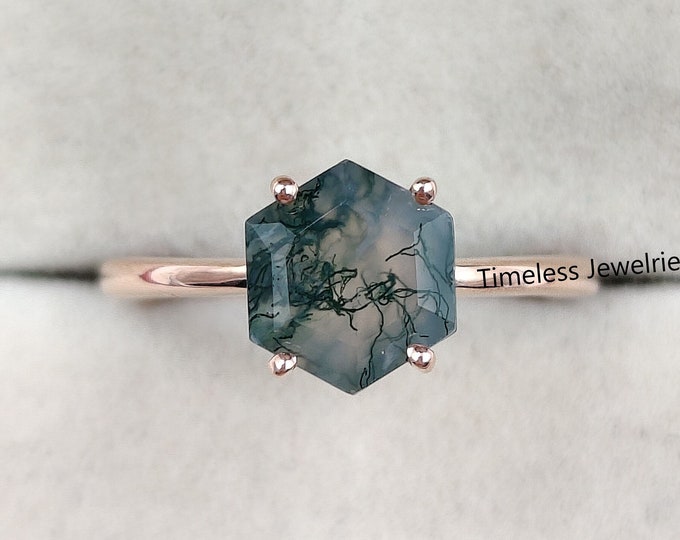 Minimalist Moss Agate Hexagon Cut Solitaire Ring, Dainty Mossy Agate ...