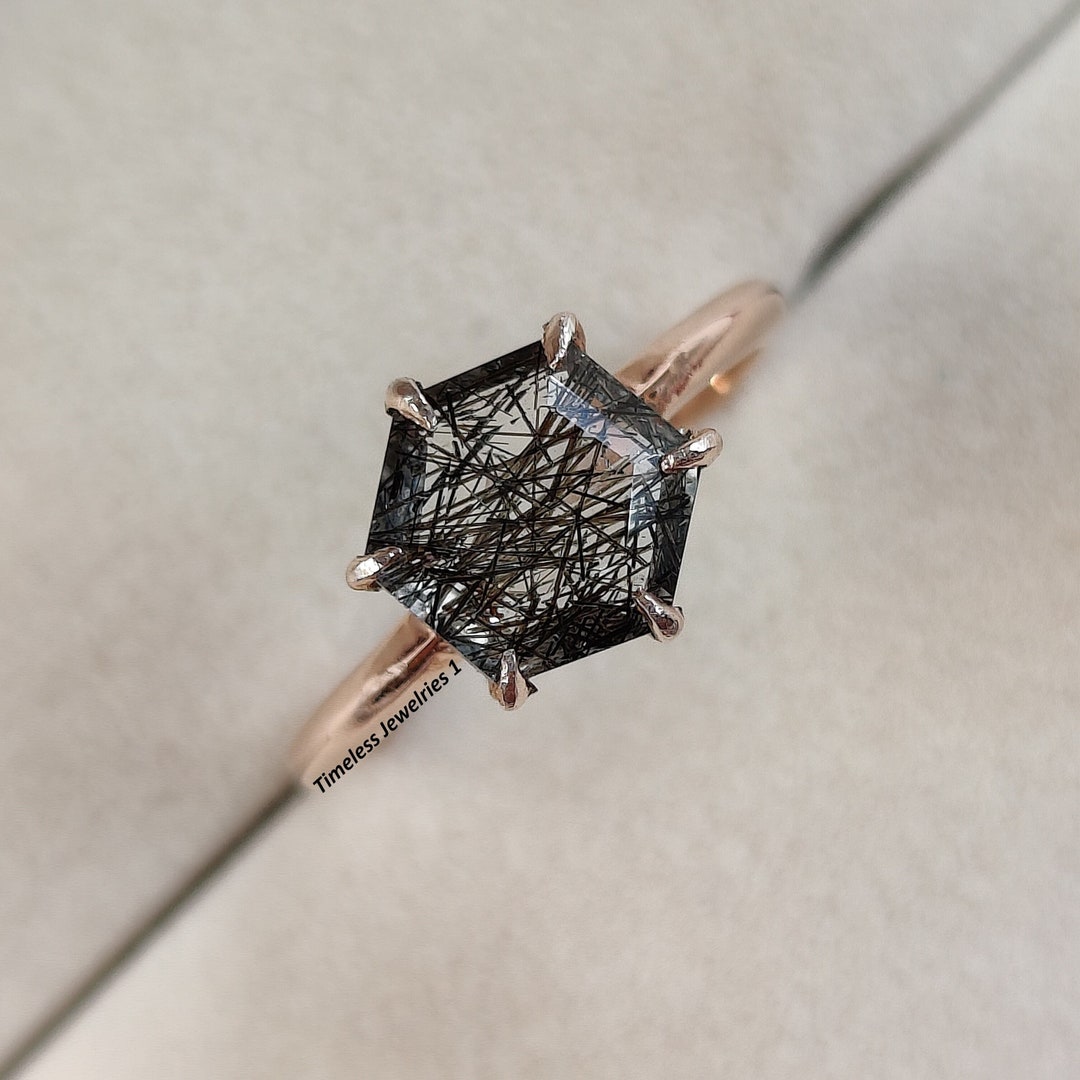 Hexagon Cut Black Rutilated Quartz Ring, Salt and Pepper Diamond Ring ...