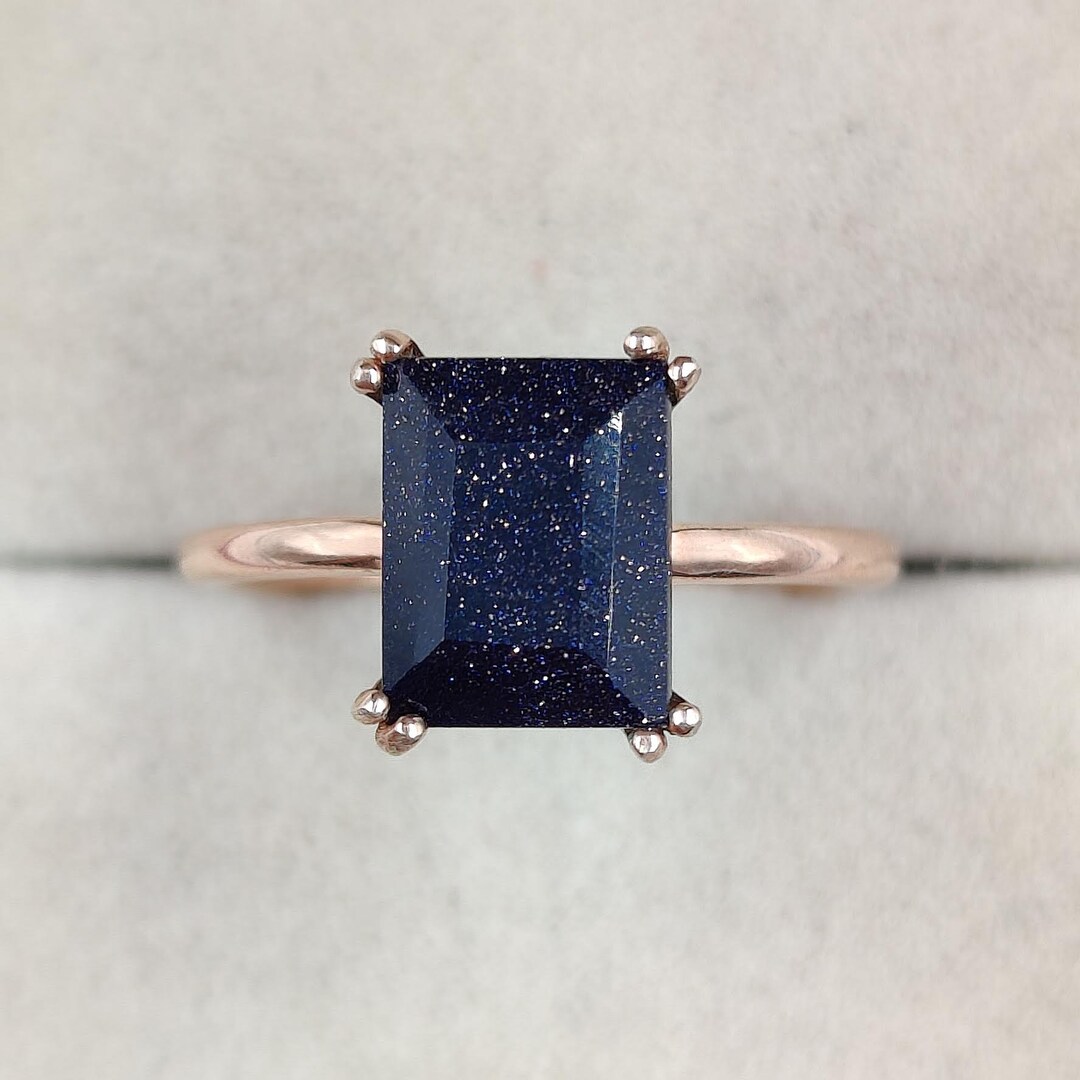 Emerald Cut Blue Sandstone Solitaire Ring, Minimalist Star Stone Ring ...