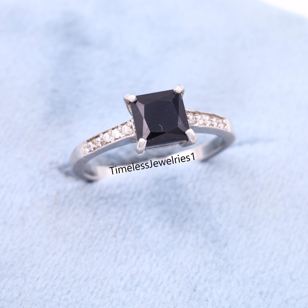 Princess Cut Black Onyx Engagement Ring, Dainty Diamond Ring ...