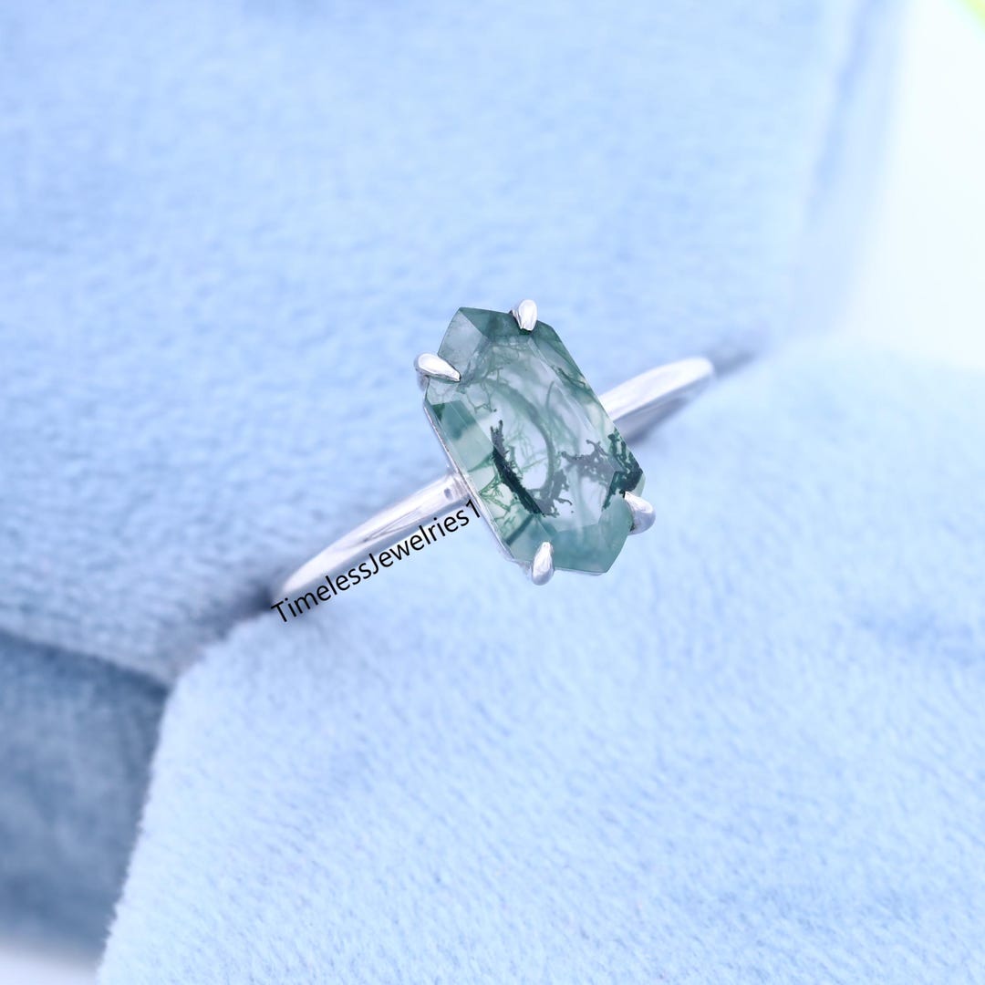 Hexagon Cut Natural Moss Agate Solitaire Ring, Nature Inspired Tree ...