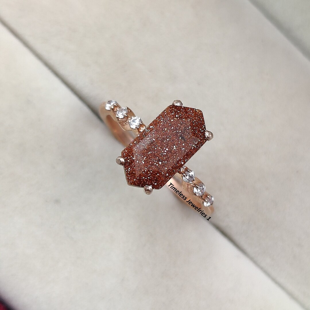 Hexagon Cut Golden Sandstone Ring, Dainty Engagement Ring, Natural ...