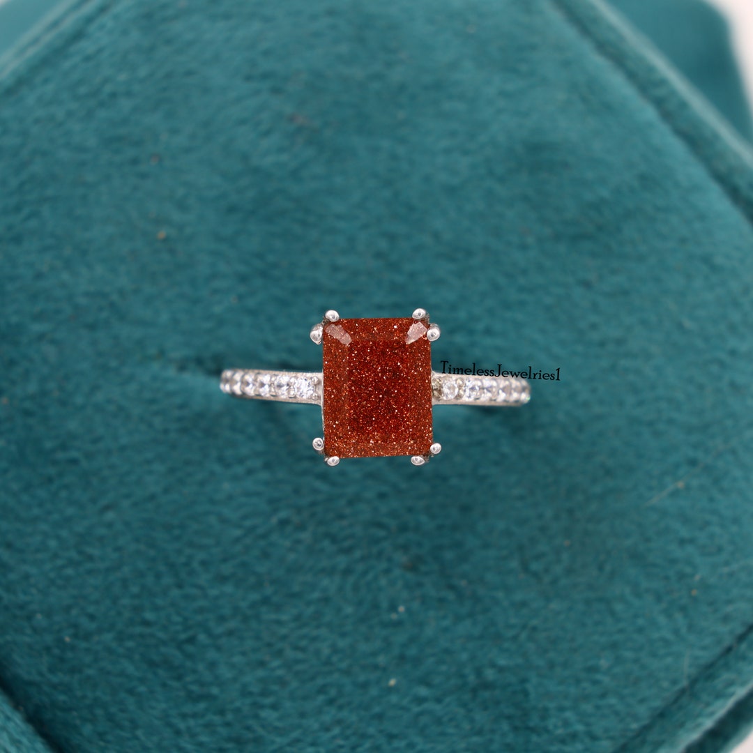 Emerald Cut Golden Sandstone Ring, Dainty Engagement Ring, Unique ...