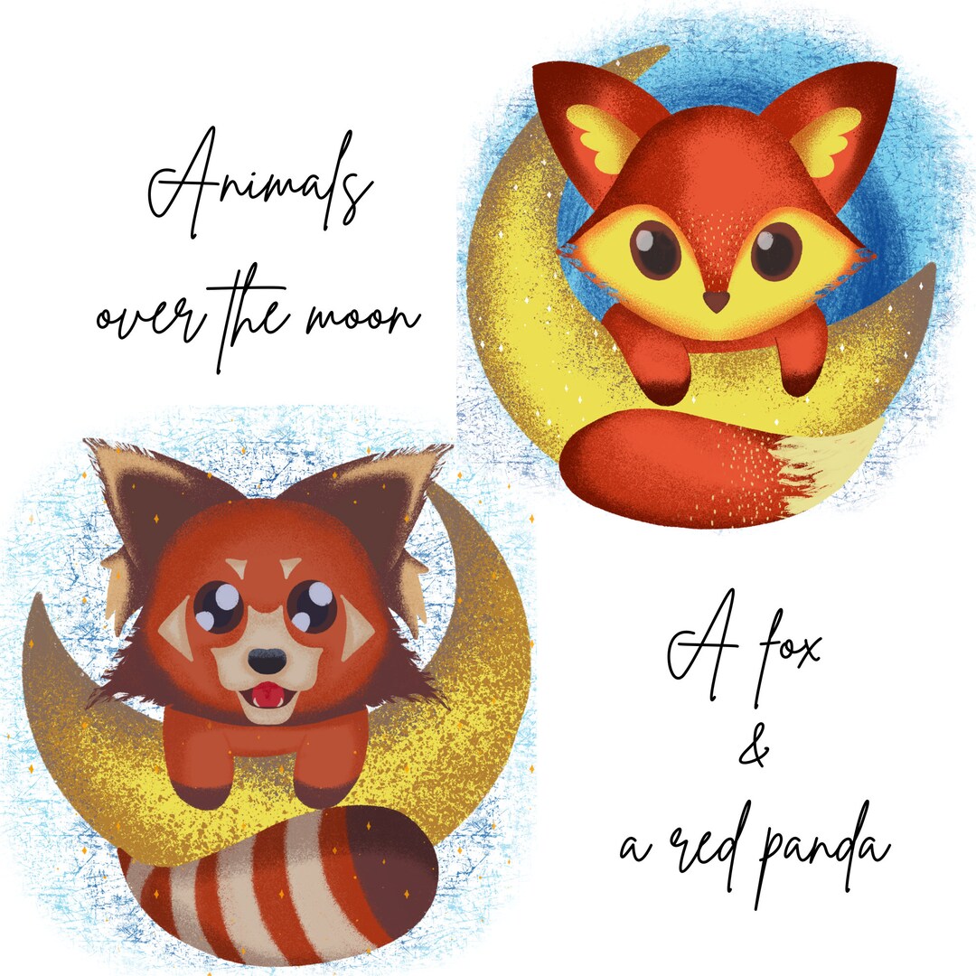 Cute Fox, Red Panda, Moon, Animals Clipart, PNG, Digital Download ...