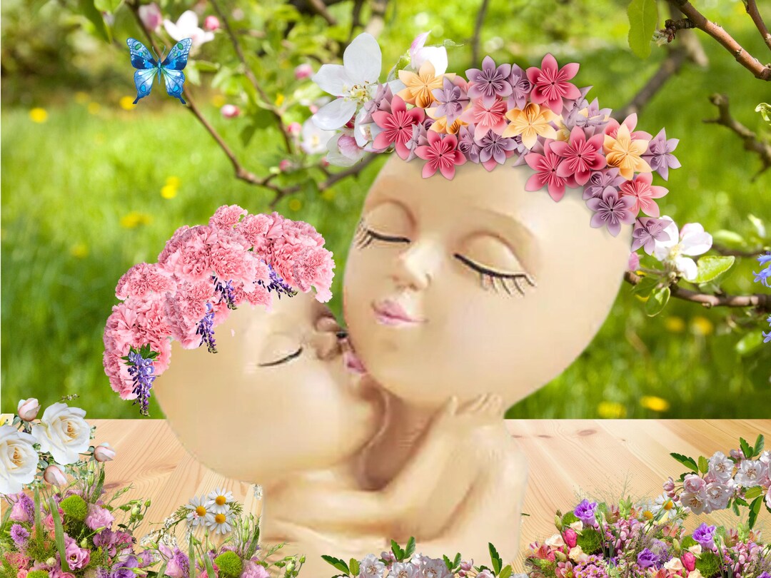 Baby Kissing Mommy Face Planter Potdouble Heads Flowerpot Female Statue ...