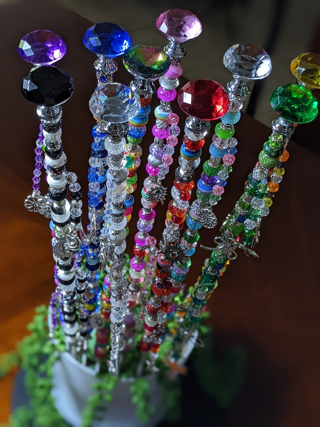 21" Beaded Garden Stakes, Sun Catcher, Stainless Steel Rod and Glass ...