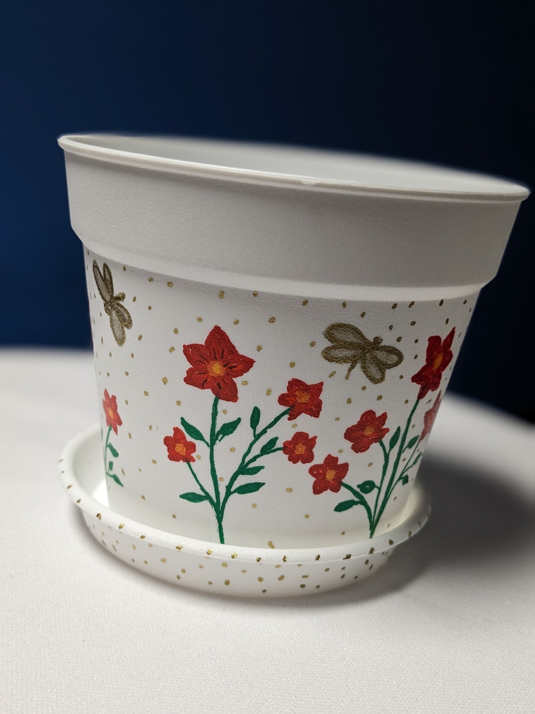 Hand Painted 4" Plastic Pot With Flowers and Gold Dragonflies and ...