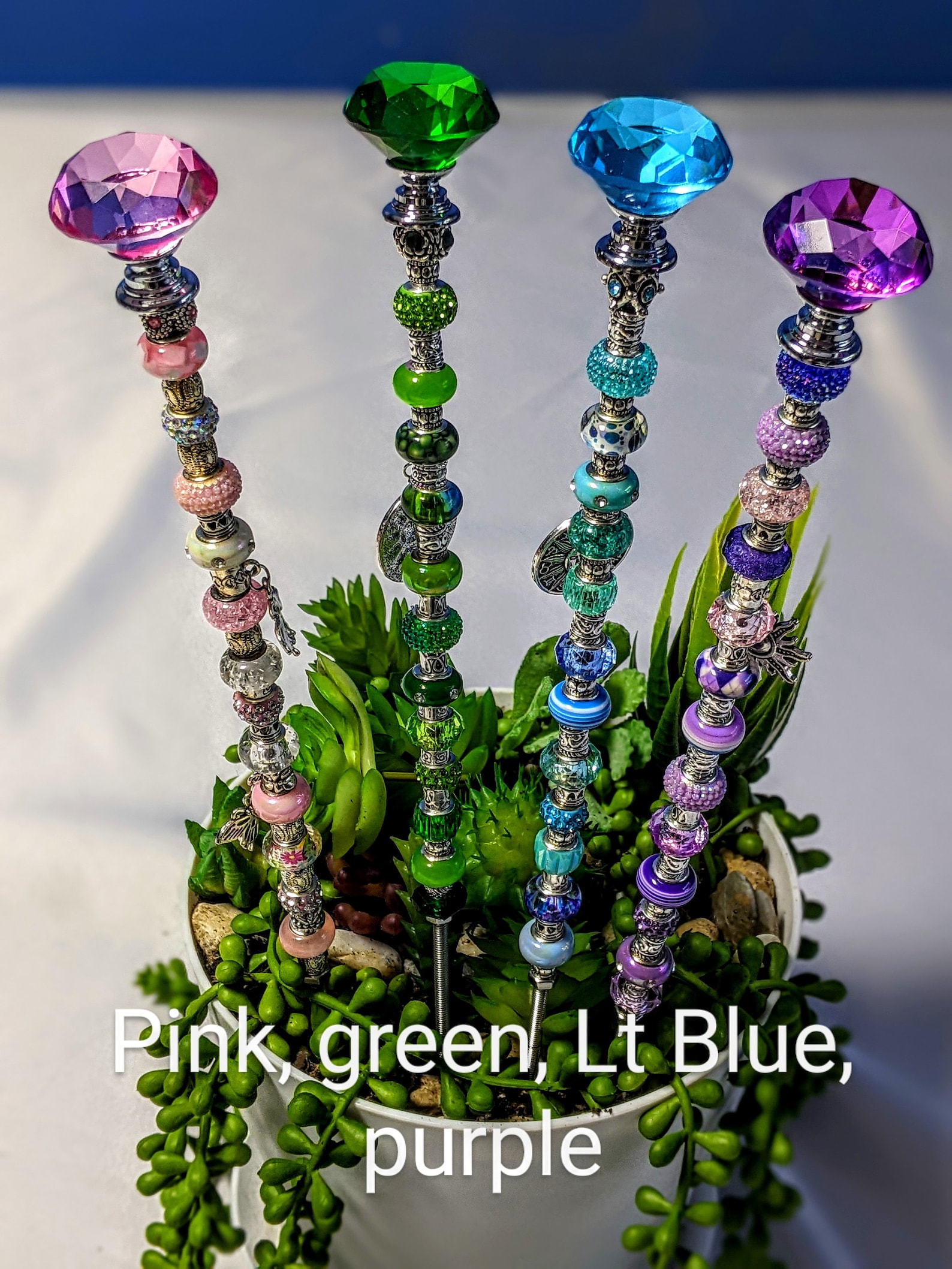 13" Beaded Garden Stakes, Sun Catcher, Stainless Steel Rod and Glass ...