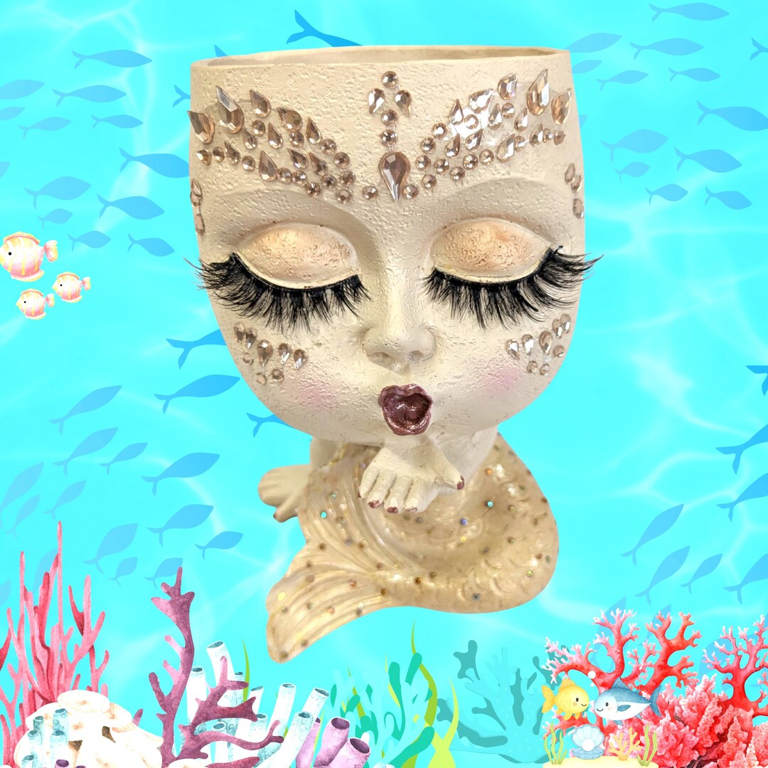Mermaid Resin Planter With Drainage Hole, Whimsical Face Planter With ...