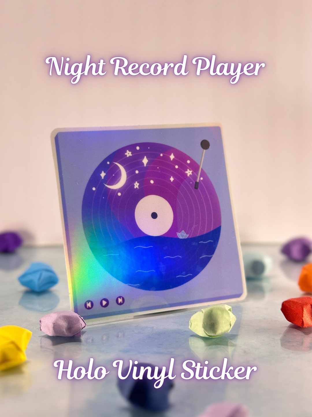 Night Record Player Holographic Sticker | Waterproof Vinyl Decal ...