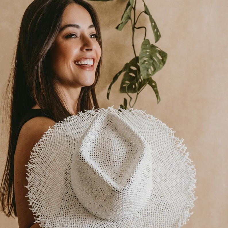 White Beach Hat Straw Fedora Wide Brim Hat Boho Summer - Etsy