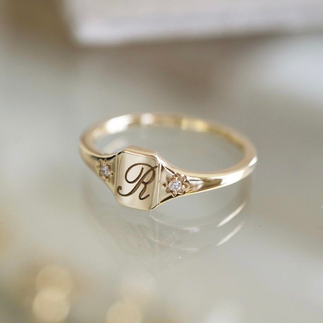 Personalized Vintage Name Ring, Custom Initial Signet Ring, Dainty ...