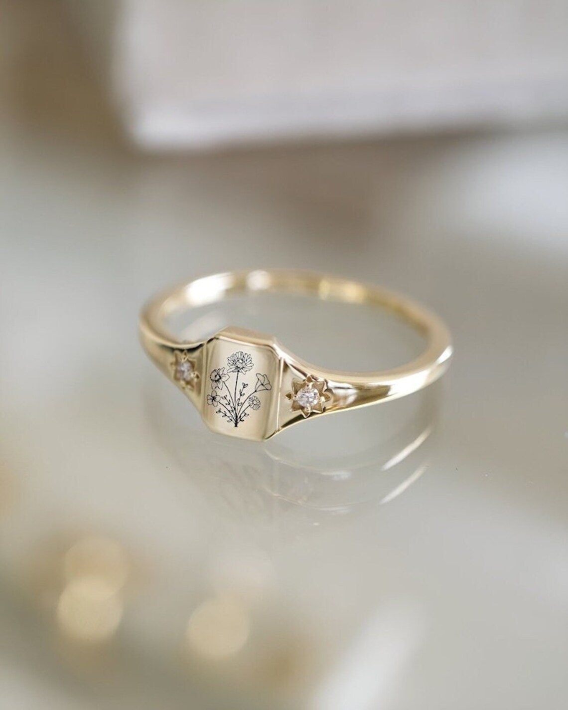 Personalized Birth Flower Gold Ring, Statement Flower Rings, Dainty ...
