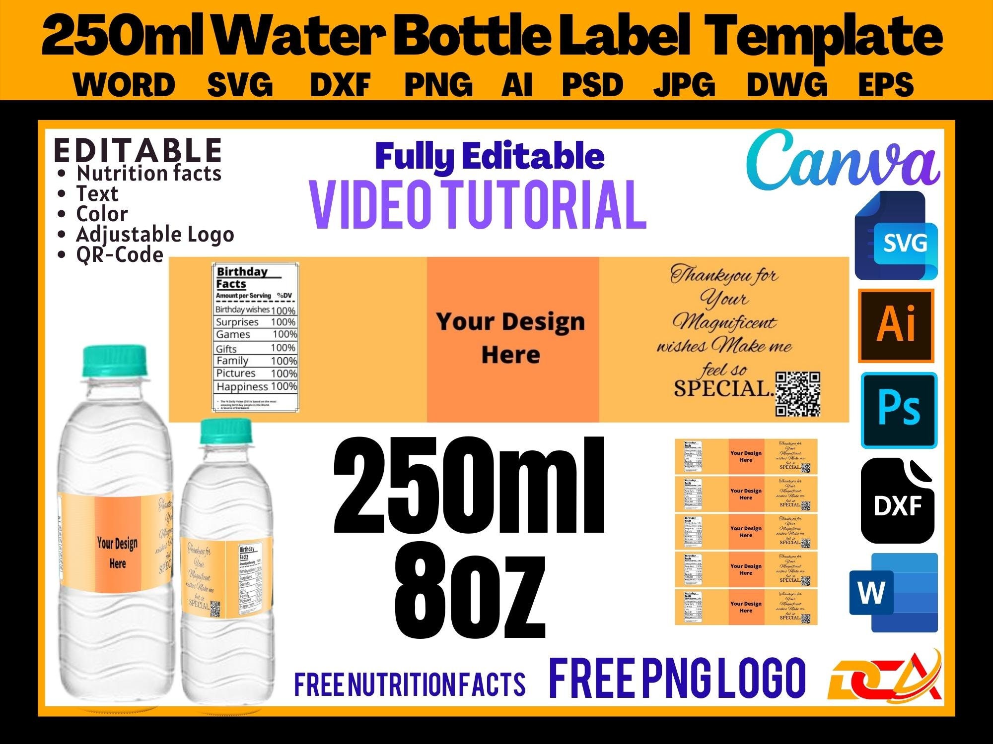 Water Bottle Label Template,water Bottle Labels,personalized Water ...