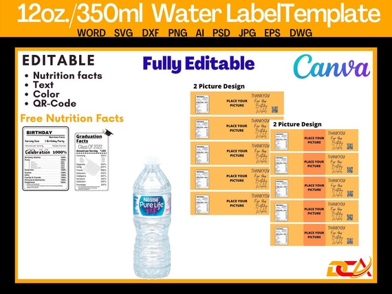 Water Bottle Label Template Blank Water Bottle Wrappers - Etsy