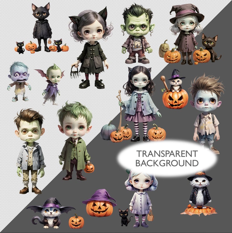Halloween Creepy Cute Clipart Bundle | Kids Art PNG Bundle ...