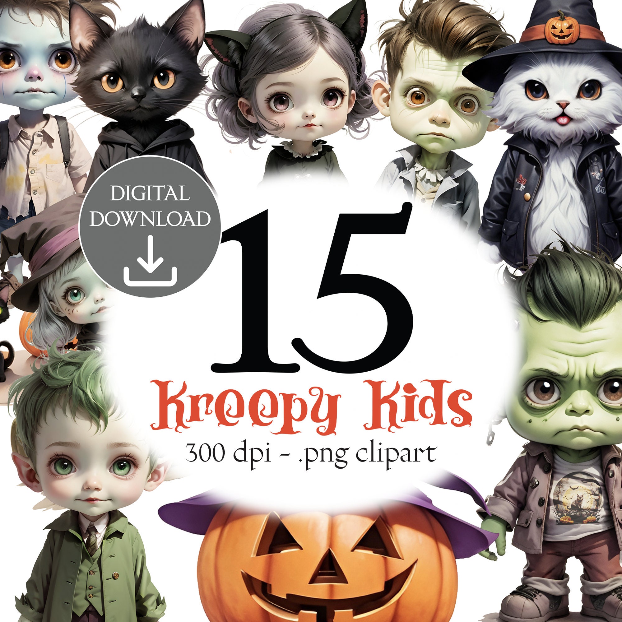 Halloween Creepy Cute Clipart Bundle Kids Art PNG Bundle - Etsy