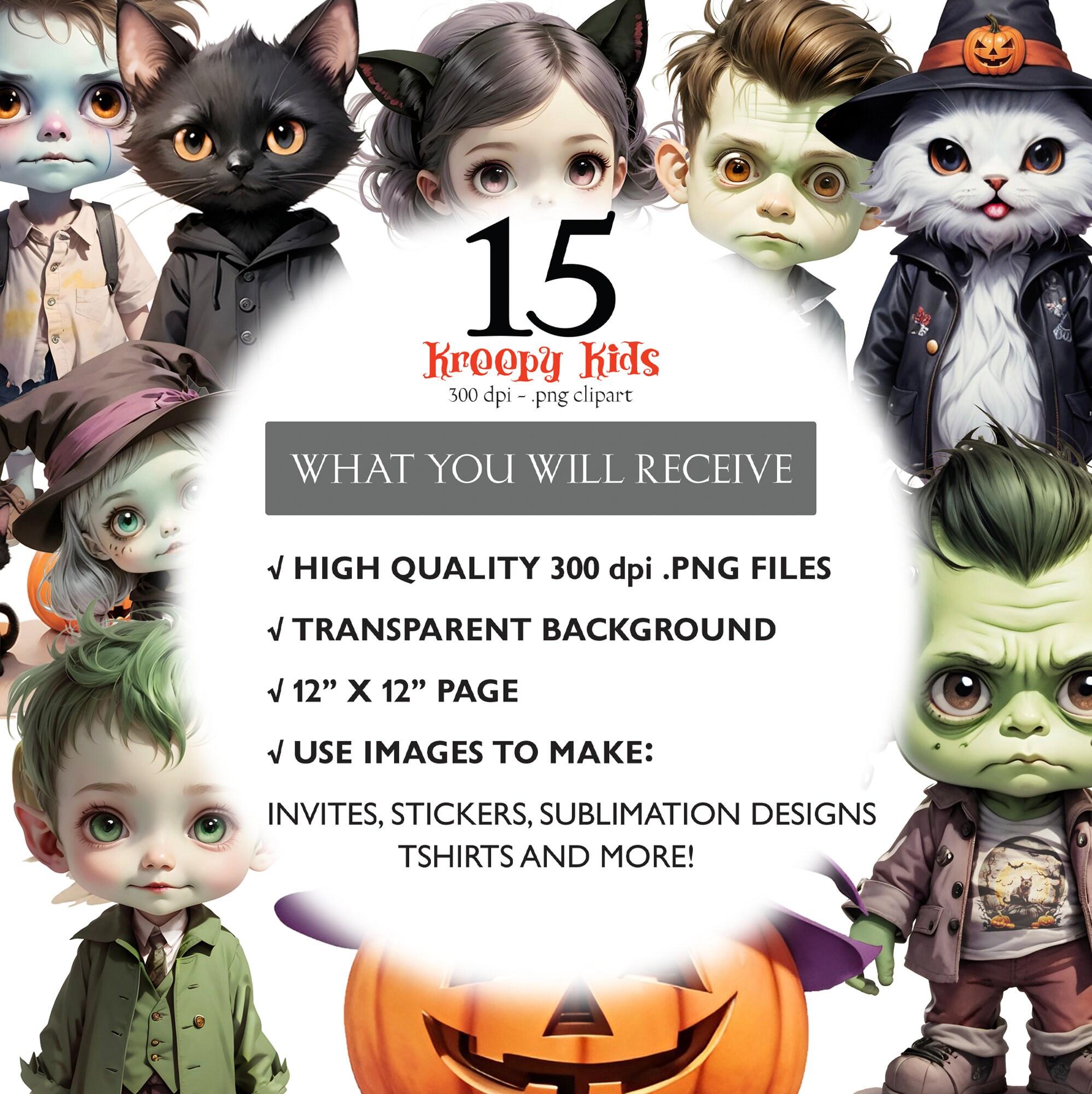 Halloween Creepy Cute Clipart Bundle Kids Art PNG Bundle - Etsy