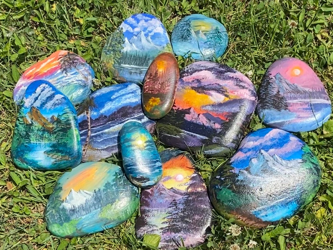 Bob Ross Inspired Scenic Painted Rocks - Etsy