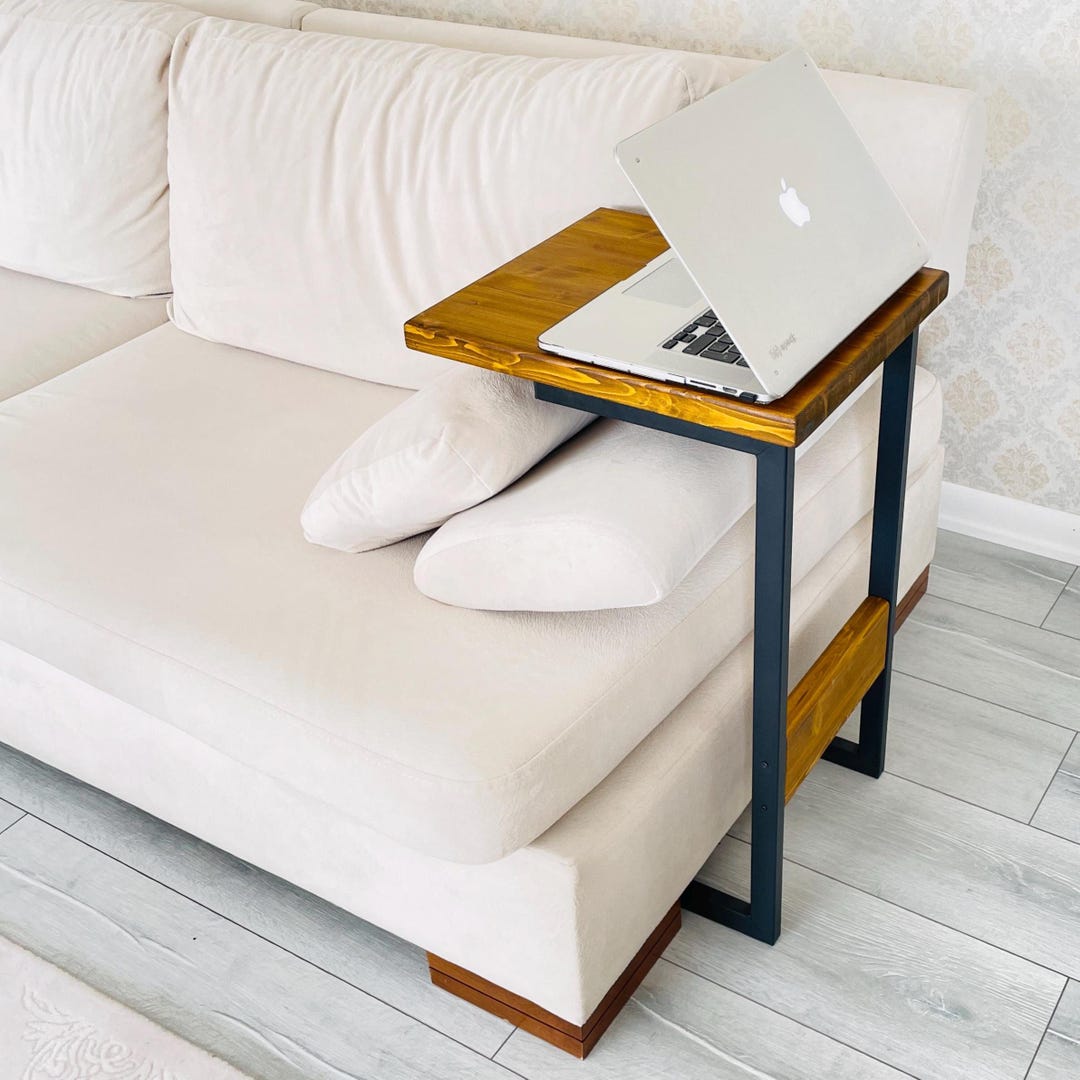 Laptop Desk Thick Wooden Top Slide Under Side Table, Solid Handcrafted ...