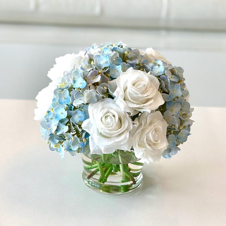 Real Touch Light Blue Hydrangea and White Rose Floral Centerpiece, Rose ...